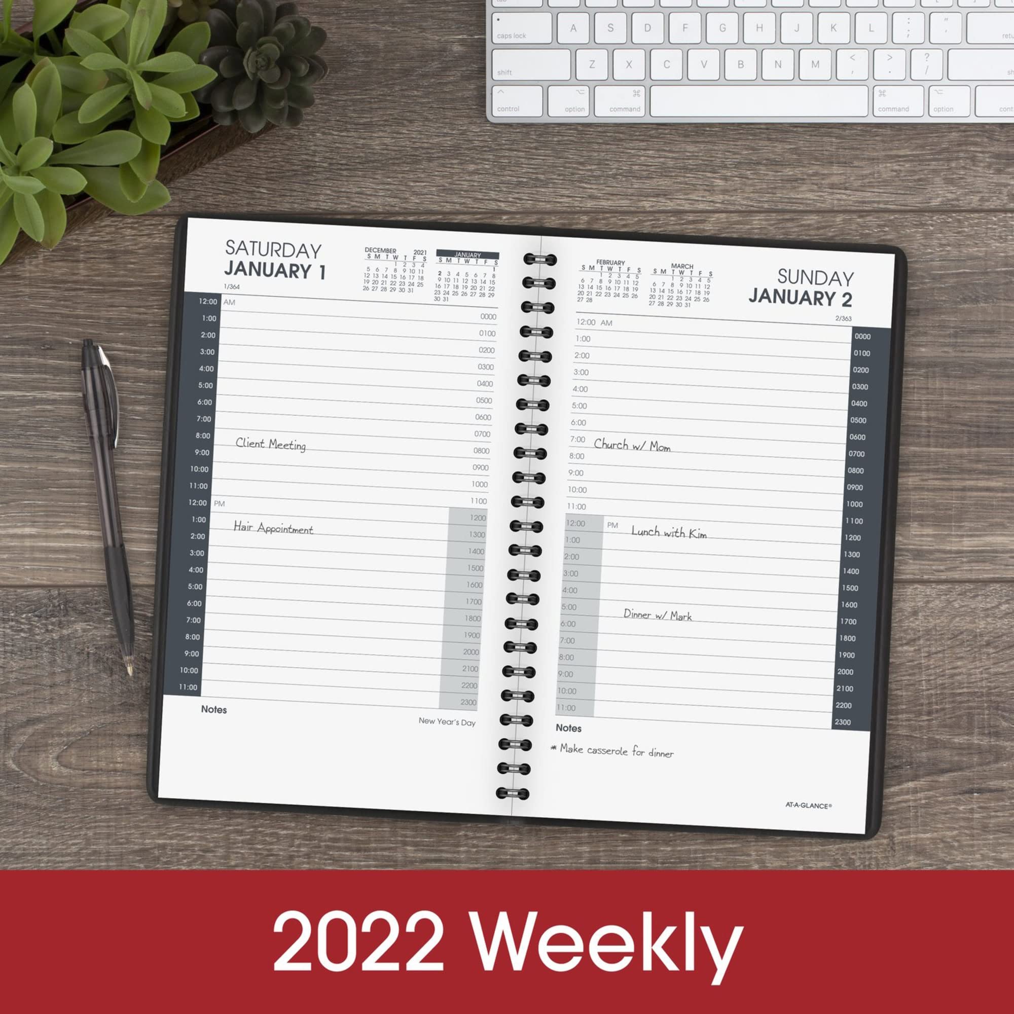 2022 Daily Appointment Book & Planner by AT-A-GLANCE, 7" x 8-3/4", Medium, 24 Hour, Black (7082405)
