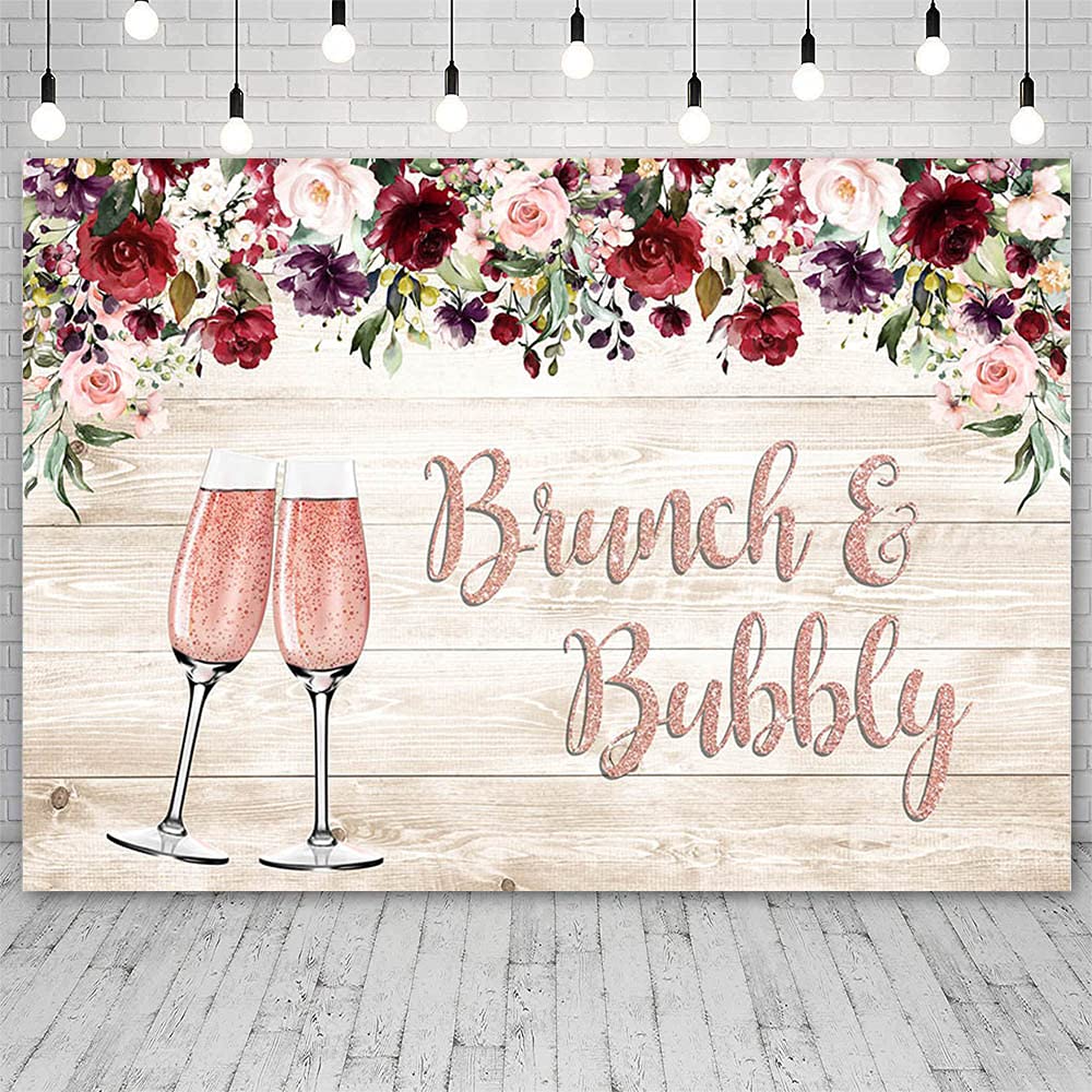 ABLIN 7x5ft Brunch and Bubbly Backdrop for Bridal Shower Rustic White Wood Red Rose Flowers Floor Photo Background Bride to Be Engagement Wedding Party Decorations Banner Props