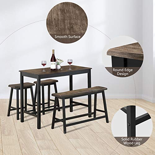 COSTWAY 4-Piece Solid Wood Dining Table Set, Counter Height Dining Furniture with One Bench and Two Saddle Stools, Industrial Style, Ideal for Home, Kitchen, Living Room (Gray & Brown)