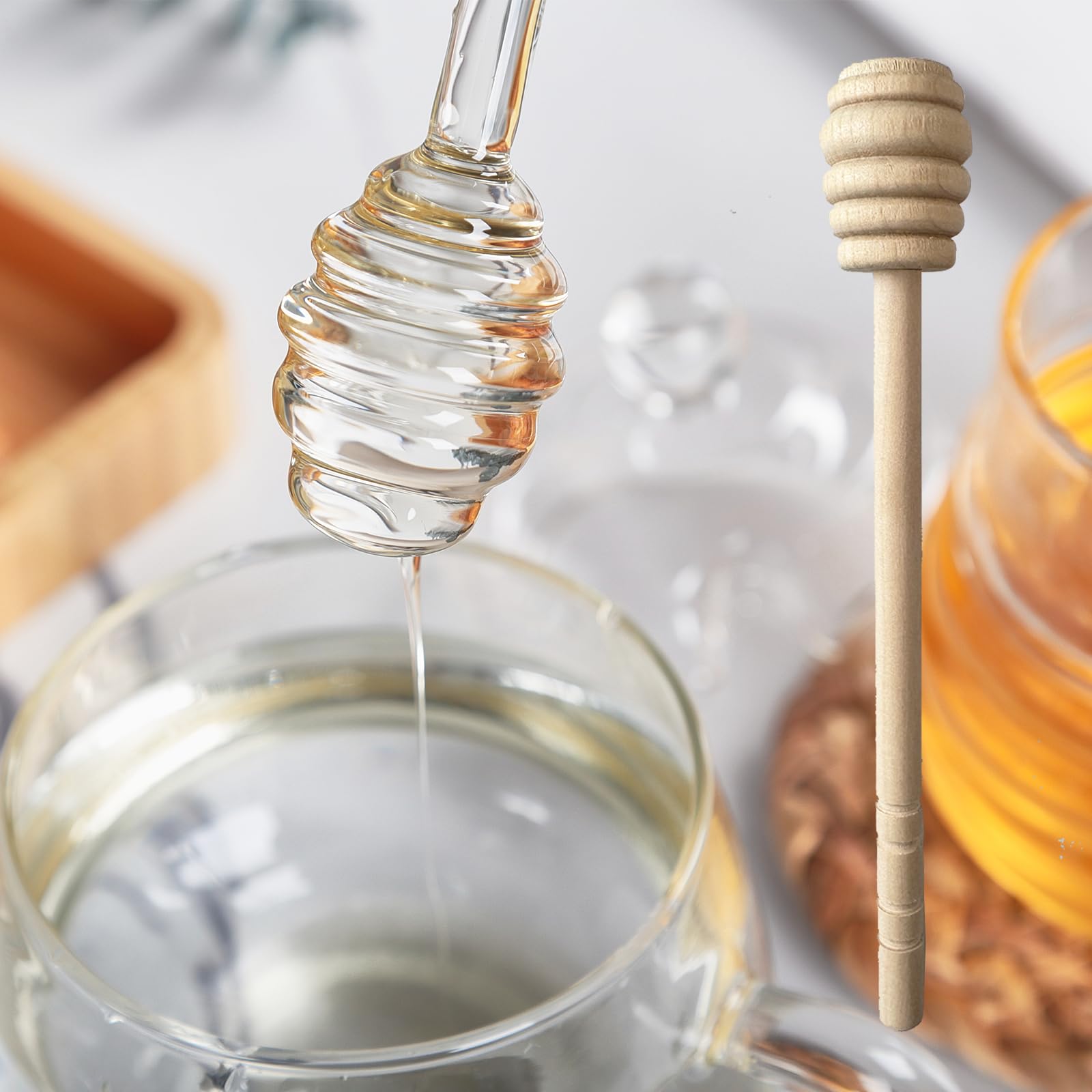 2 Pcs Honey Dipper Sticks for Honey Jar,Glass and Wooden Honey Dipper,Honeycomb Stick for Honey Pot Jar