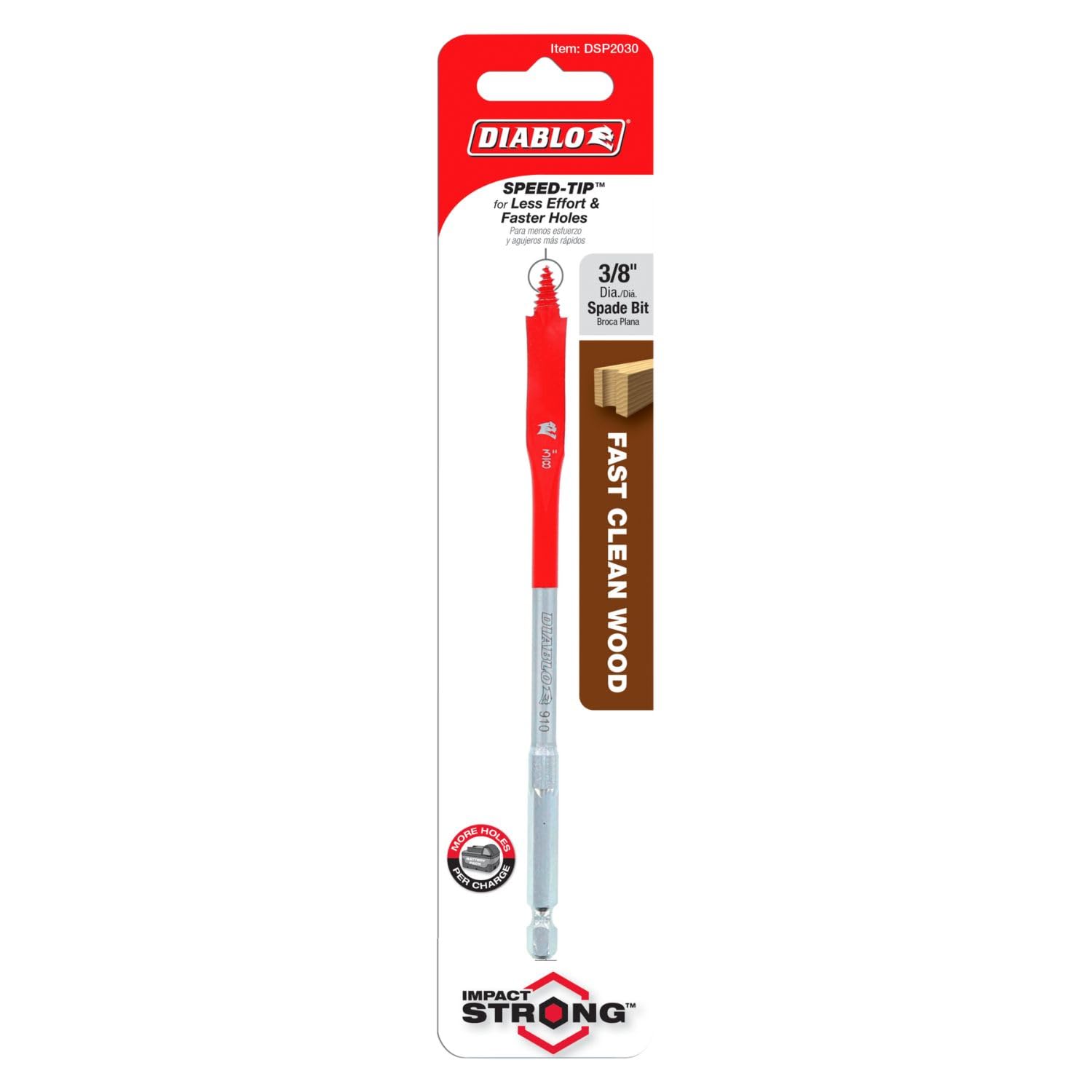 Diablo Spade Bit for Wood - Speed-TIP Design - 3/8" Diameter, 6" Length, 1/4" Hex Shank - DSP2030