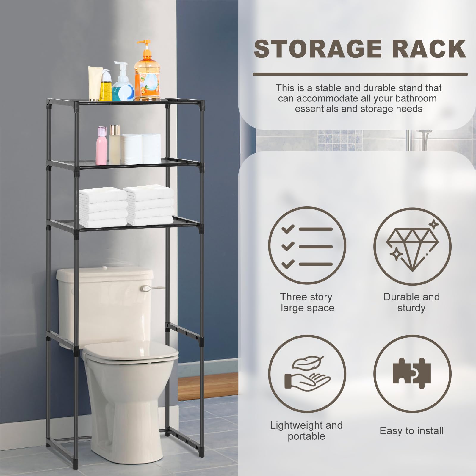 3 Tiers Over the Toilet Storage Rack Multifunctional Over Toilet Shelf Organizer Large Capacity Bathroom Storage Shelf Organizer Easy Assembly Bathroom Space Saver Shelf for Bathroom Restroom Laundry/