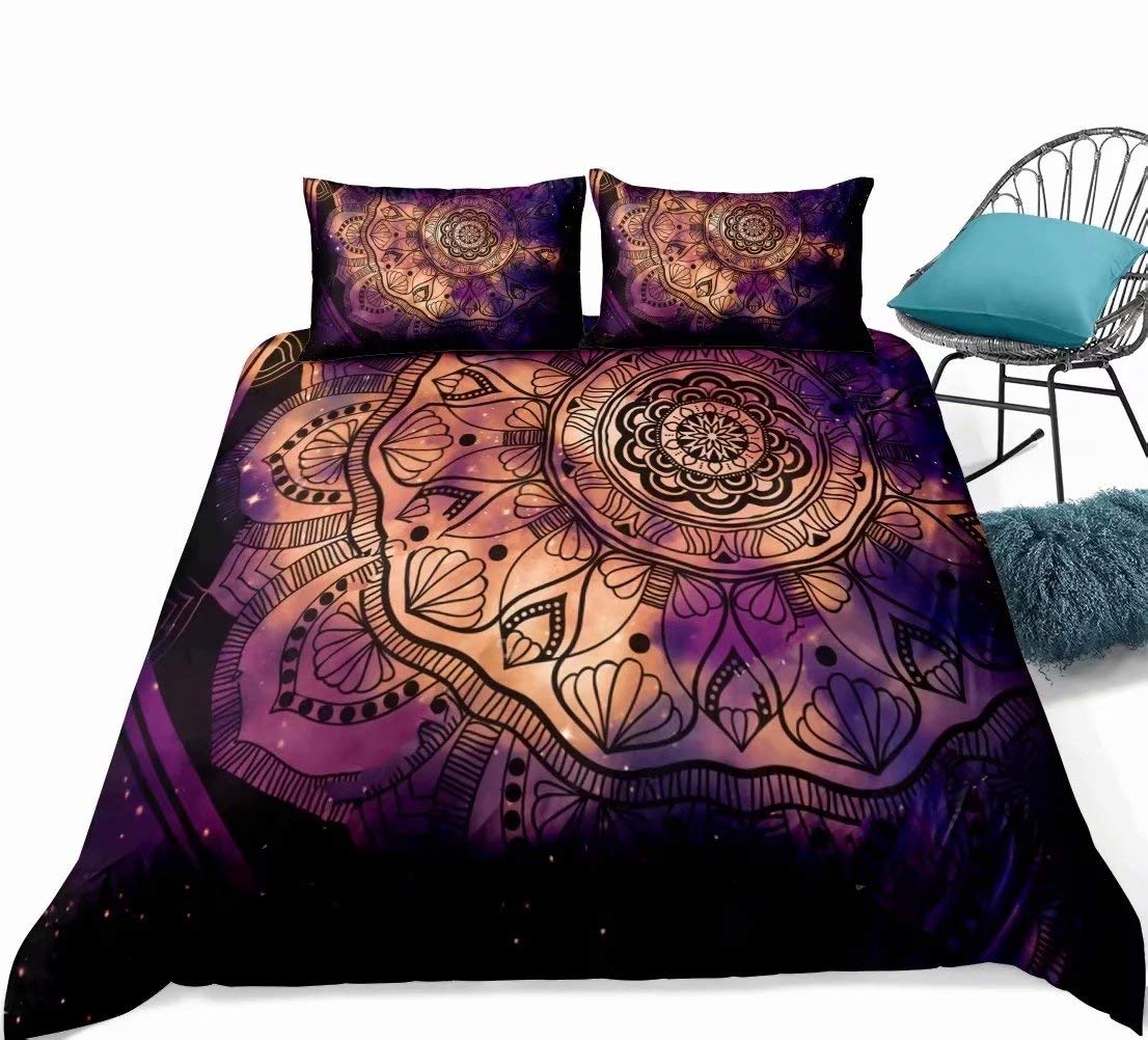 Abojoy Bohemian Duvet Cover Set, Purple Boho Chic Mandala Hippie Indian Galaxy Medallion Ethnic Floral Printed Bedding Soft Microfiber Quilt Duvet Cover with Zipper Closure(Queen, 3pc)