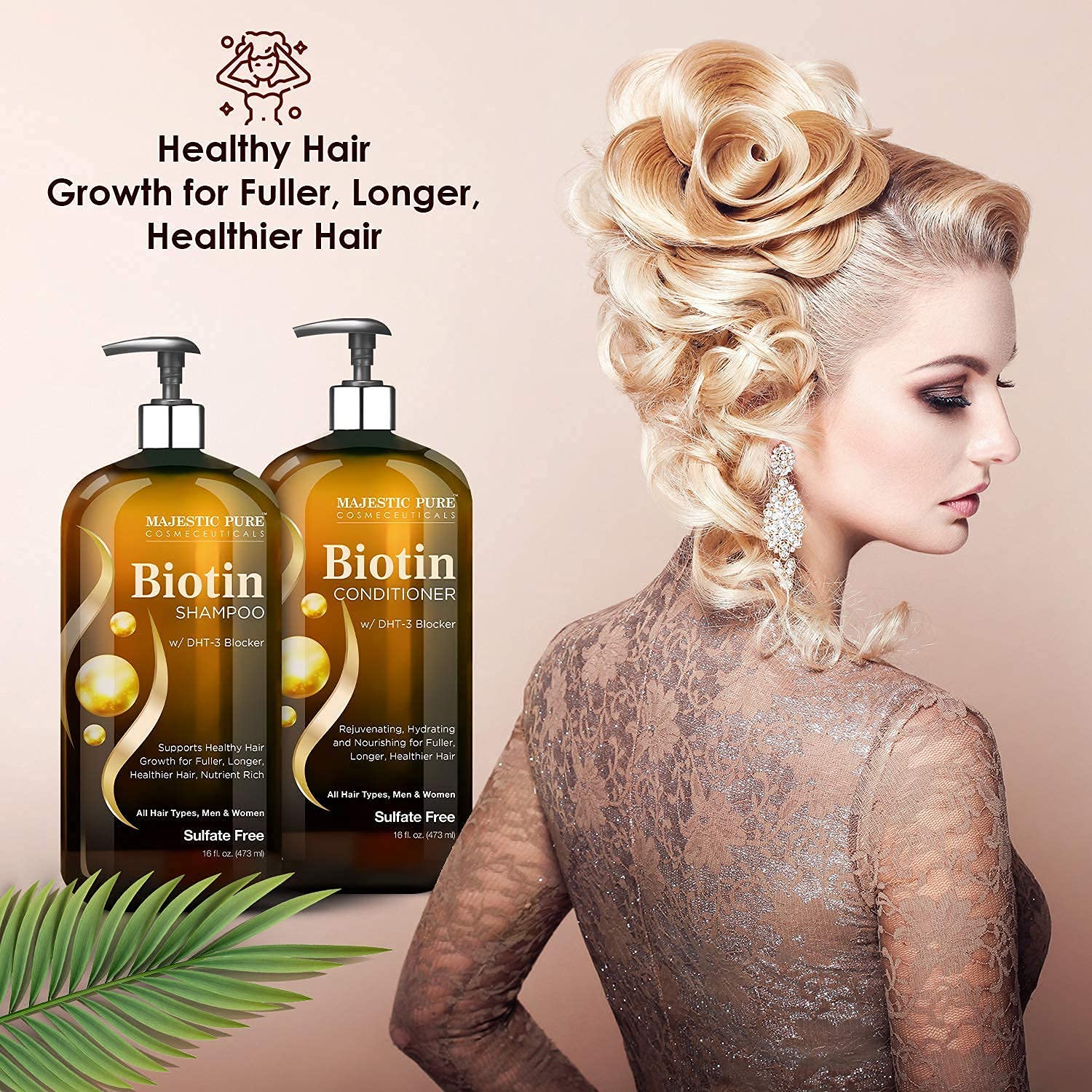 Majestic Pure Biotin with DHT Blocker Complex Shampoo & Conditioner Set (16 oz each) and Biotin Conditioner (16 oz) Bundle