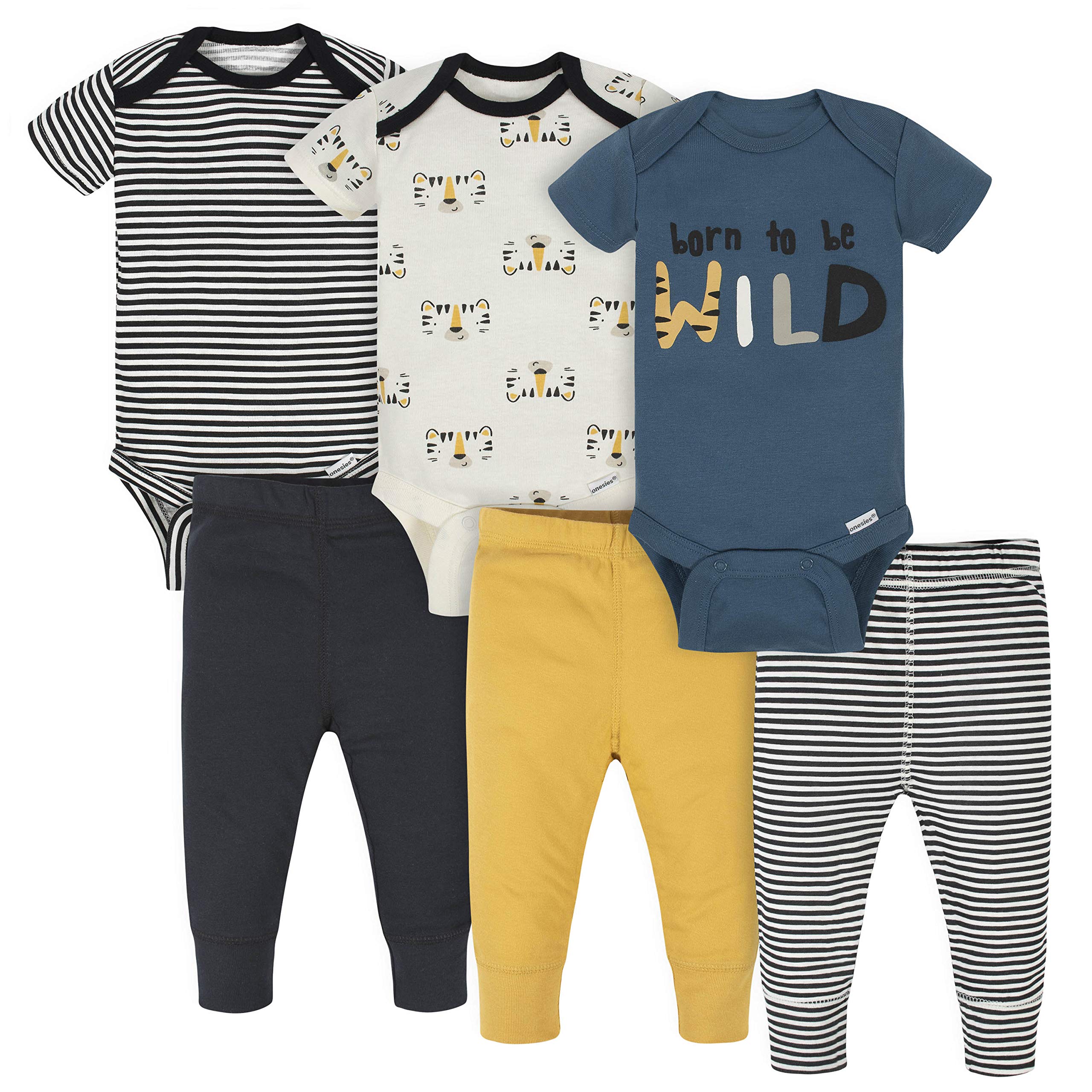 Onesies Brand Baby 3 Onesies 3 Pants Outfit Bundle Mix n Match Newborn to 12M, Black Yellow Tiger Stripe, 3-6 Months