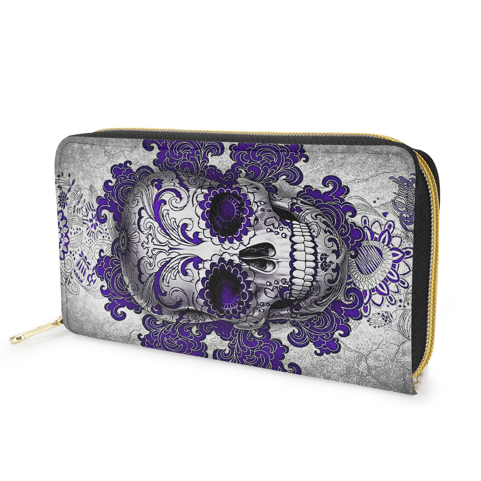 AFPANQZ Gothic Sugar Skulls Women's Wallets Large Capacity with RFID Protection Leather Long Clutch Phone Holder Zip Inner Pocket Multi-Cards Slots Large Travel Wallet Bifold Purses Silver Purple