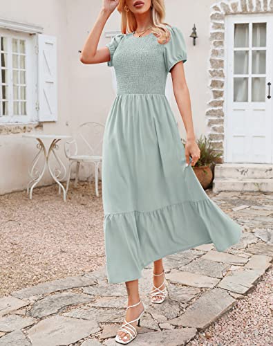 Annebouti 2023 Women's Summer Puff Short Sleeve Dress Modest Flowy A Line Ruffle Tiered Long Casual Smocked Maxi Dress with Pockets Solid Light Green S