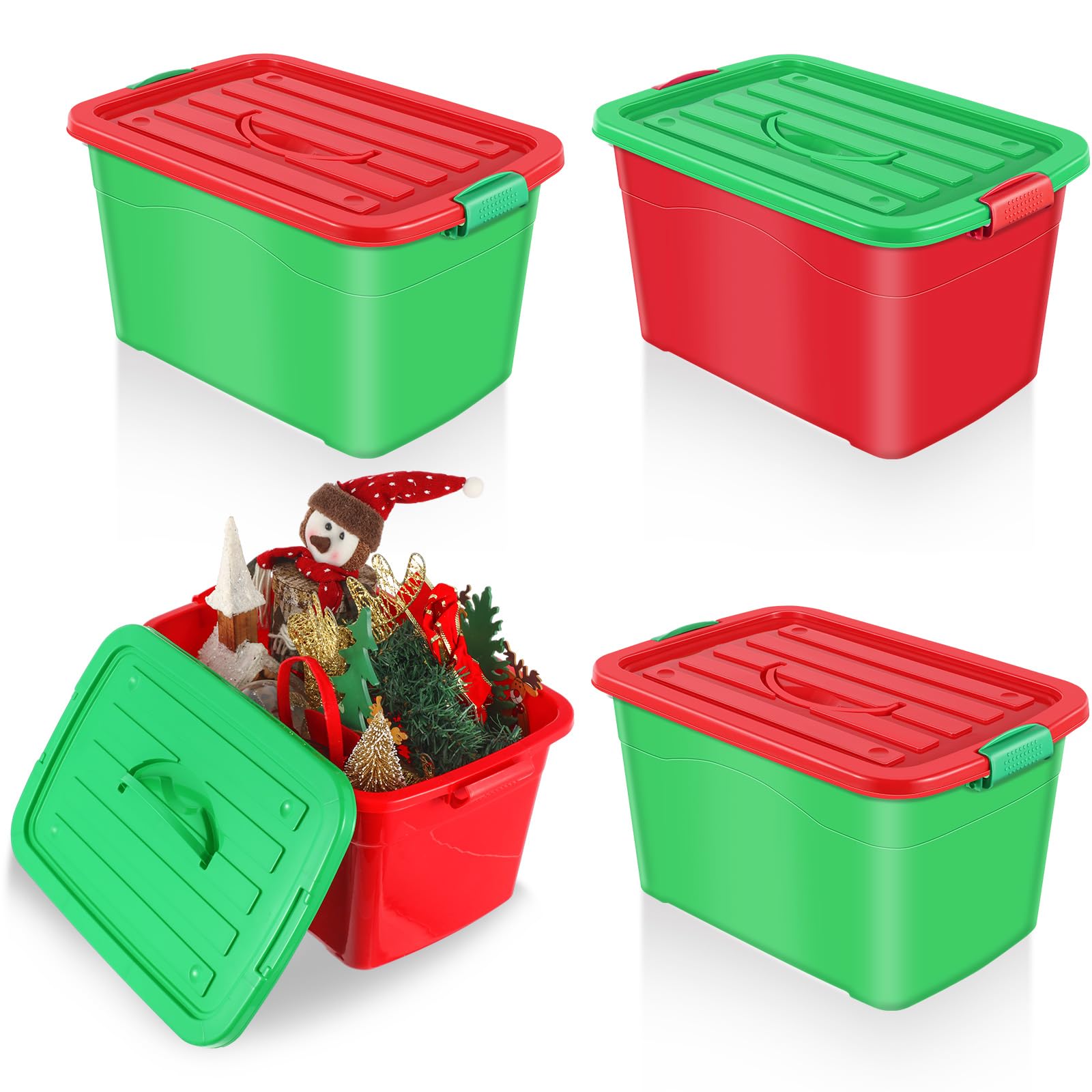 Abbylike 33 Quarts Christmas Storage Bin Holiday Seasonal Storage Totes with Lids Red Green Christmas Ornament Storage Containers for Christmas Home Organization Holiday Decoration(4 Packs)