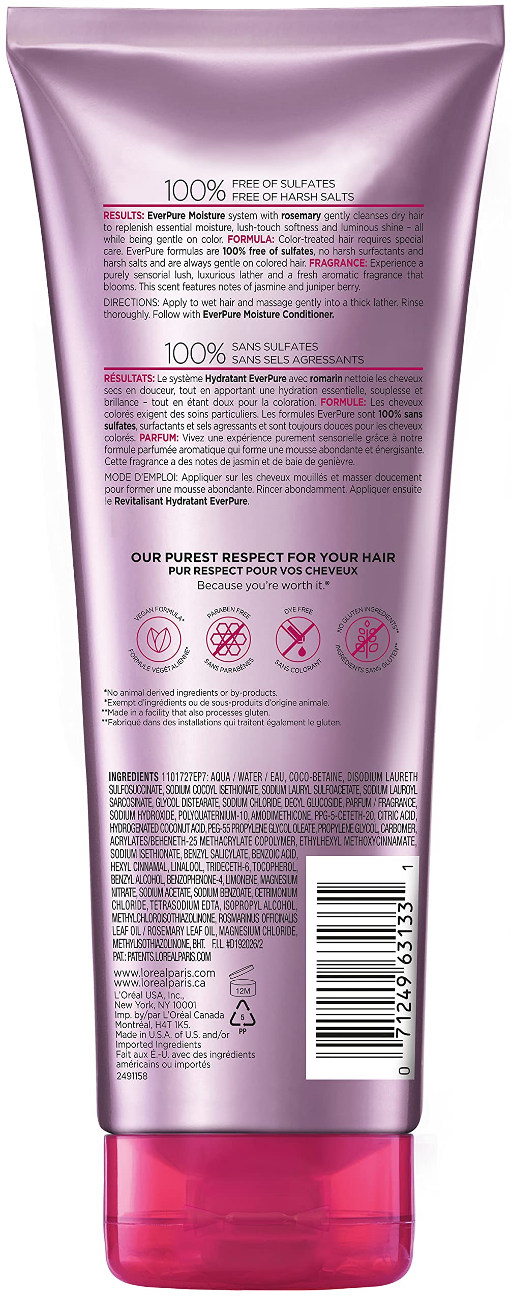 L'Oreal Paris EverPure Moisture Sulfate Free Shampoo, Hair Care for Color-Treated Hair with Rosemary Botanicals, 11 Fl Oz