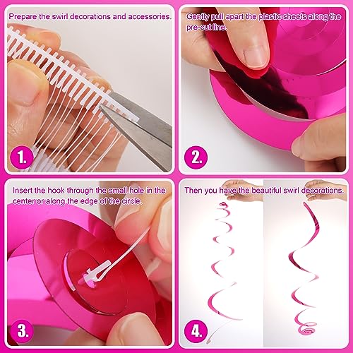 30 PCS Party Swirl Decorations Hot Pink Shinny Foil Hanging Swirl Decorations with Double-Swirls and Single-Swirls Plastic Streamer for Ceiling Plastic Metallic Streamer for Party Decorations