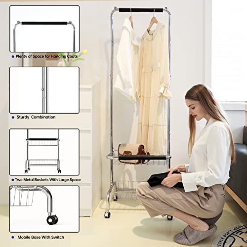aixsponsa Rolling Clothes Rack with 2 Tier Basket, Freestanding Clothing Racks for Hanging Clothes, Metal Garment Rack with Wheels, Chrome