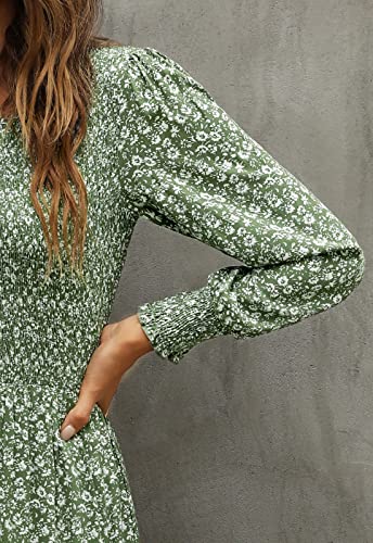 Annebouti Women's 2023 Fall Casual Long Sleeve Maxi Dress Boho Tiered Smocked Office A-Line Modest Floral Long Dresses for Women Olive M