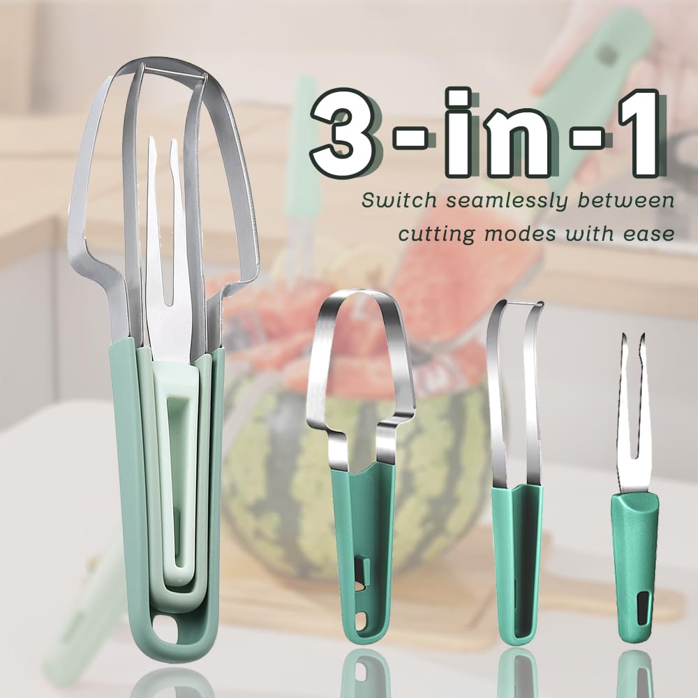 3-in-1 watermelon cutter slicer tool,watermelon knife stainless watermelon slicer watermelon fork ,fruit cutter slicer kitchen gadgets - Green