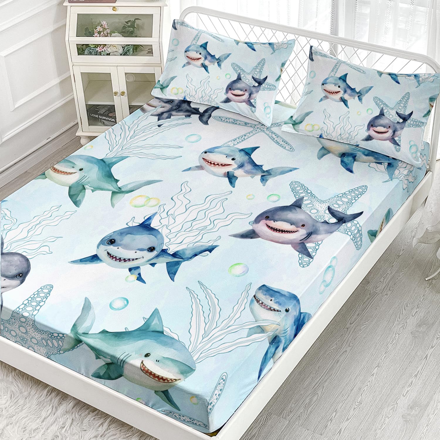 AILONEN Shark Fitted Sheet Set Twin Size, Ocean Shark Bed Sheet Set for Boys Kids,Blue Starfish Shark Fitted Sheet with 2 Pillowcases,3 Pieces Bed Sheet Set