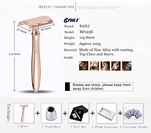 BAILI 3-Piece Double Edge Safety Razor Long Handle Wet Shaving for Men Women with 5 Platinum Blades and Stand Rose Gold BD193G