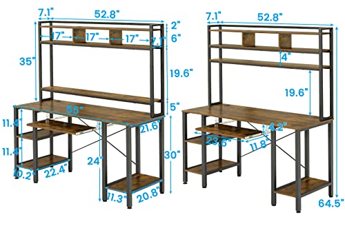 SEDETA Computer Desk, 55" Gaming Desk with LED Lights and Hutch, Computer Desk with Storage Shelves, Keyboard Tray & Monitor Stand, Home Office Desk, Gamer Desk PC Table, Rustic Brown