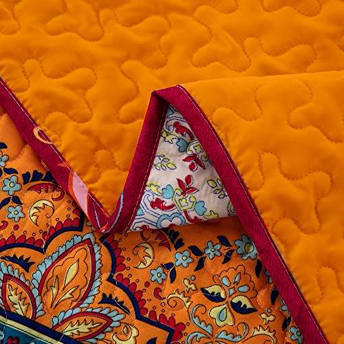 Boho Queen Quilt Set, Orange and Blue Bohemian Queen Quilt Bedding Set, Lightweight Bed Decor Bedspread for All Season 96"x90"(3 Pieces)
