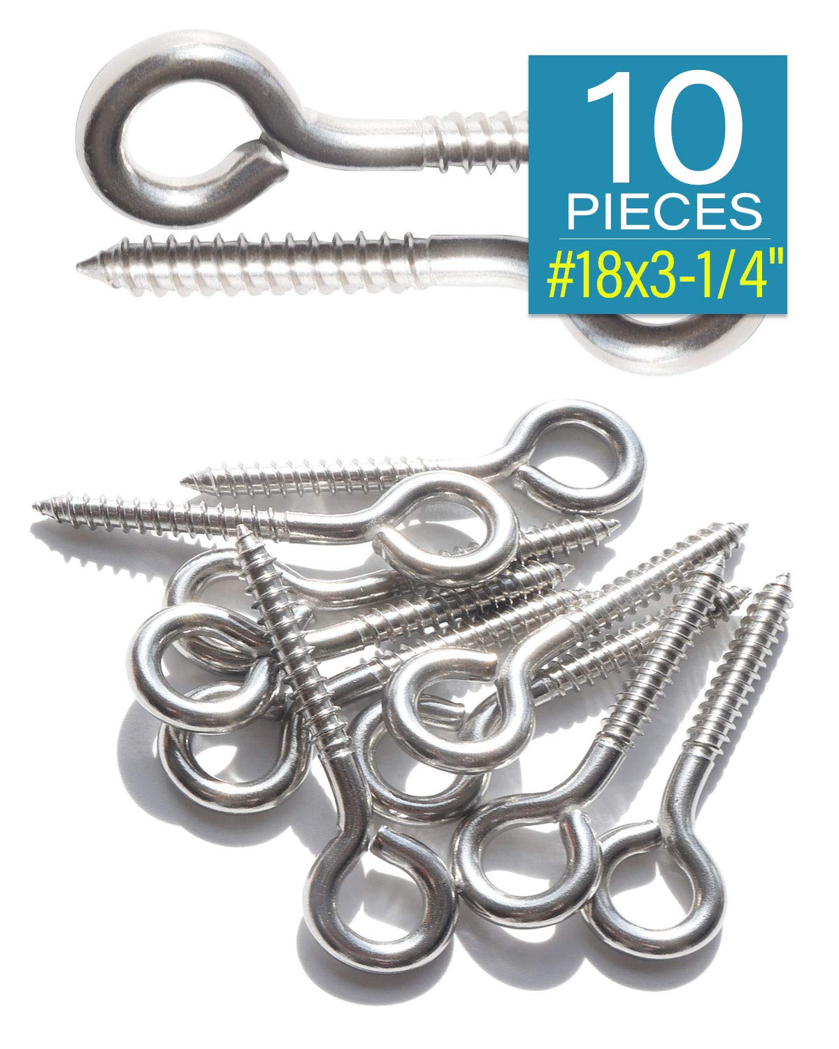 IMScrews 10-Pack Stainless Steel Heavy Duty Screw Eyes, #18 x 3-1/4 Inch, Lag Eyebolt for Hanging, Rust-Resistant Long Eyelet Screws, Ideal for Indoor and Outdoor Use