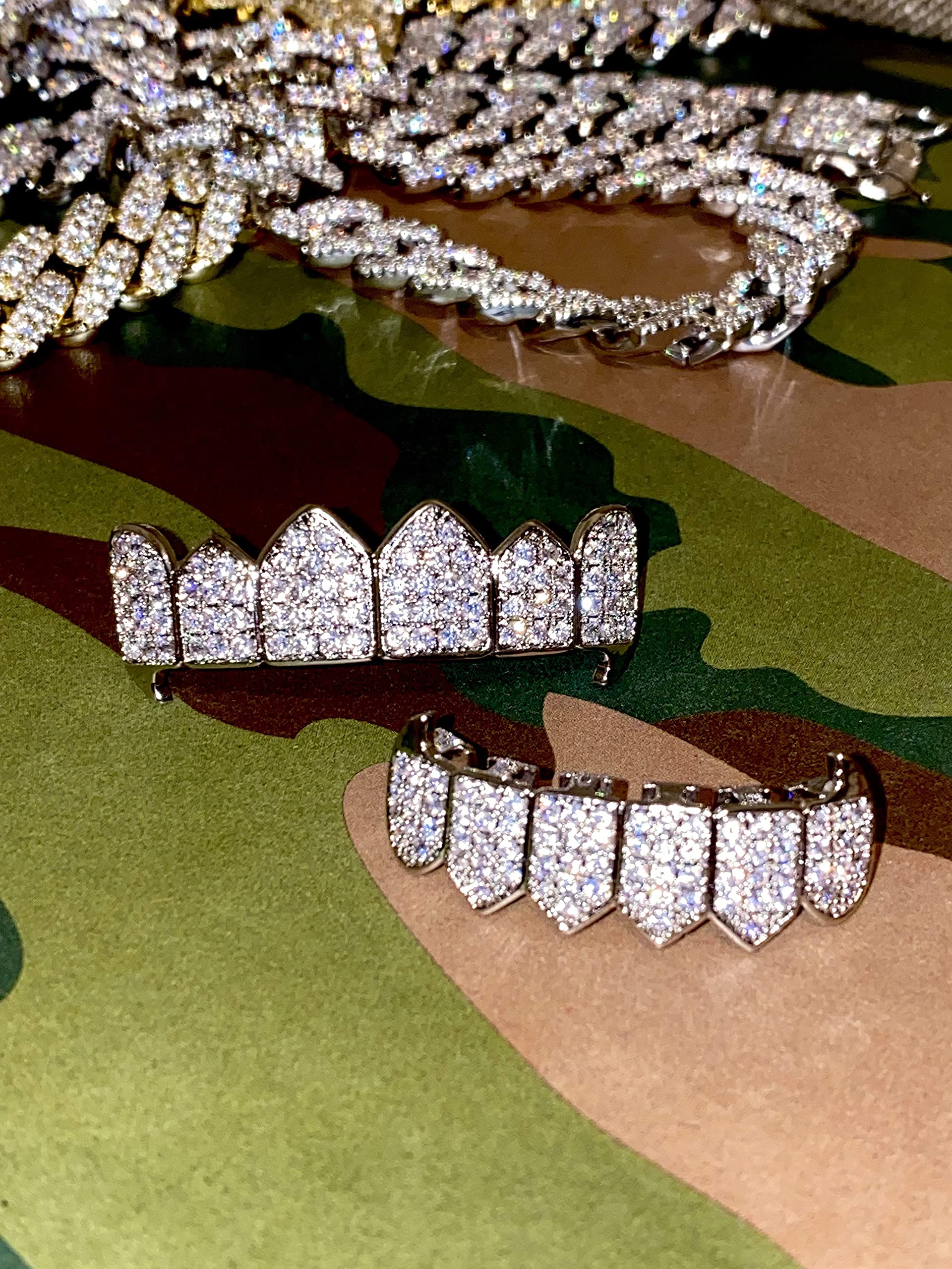 18K White Gold Plated CZ Cluster Custom Slugs Top Bottom GRILLZ Fangs Mouth Teeth Grills Set - Grillz, Teeth Cap, Iced Out Grillz (Top & Bottom Set)