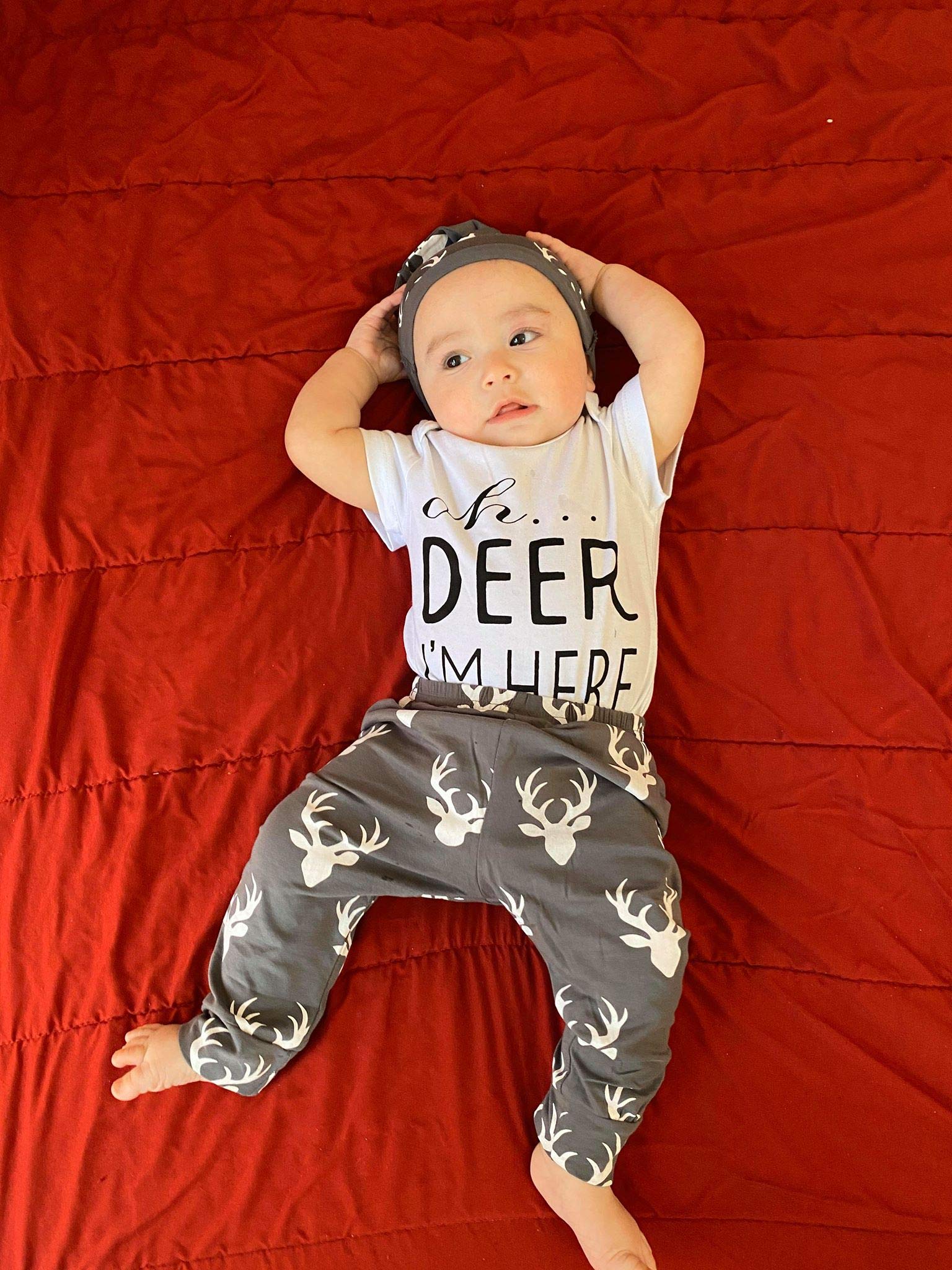 bakjuno Baby Boy Deer Theme Outfit Newborn Boy Oh Deer I'm Here Clothes Daddy' Little Man Shower Infant Hunting Romper Pants Set (0-3 Months, White03)