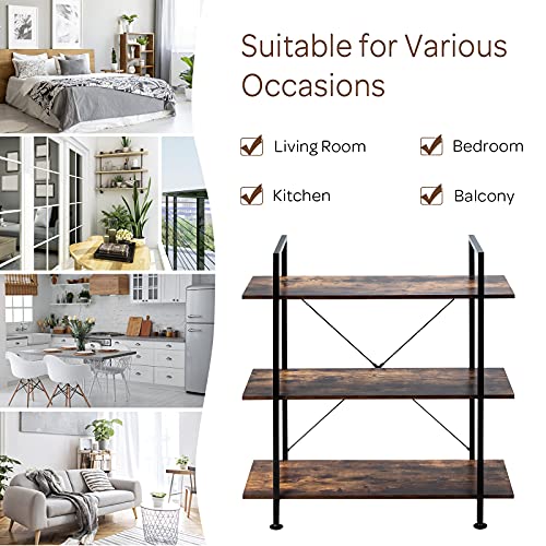 Giantex 3-Tier Bookshelf Industrial Style Bookcase Vintage Wood Bookshelves with Metal Frame, Home and Office Organizer, Storage and Display Rack, Rustic Brown