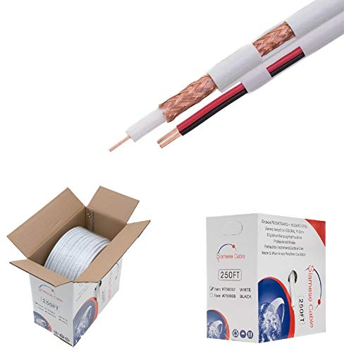 Bulk Siamese RG59/U Cable, 20AWG + 18/2AWG, 95% Shielding, CCTV Video Wire (White, 250FT)