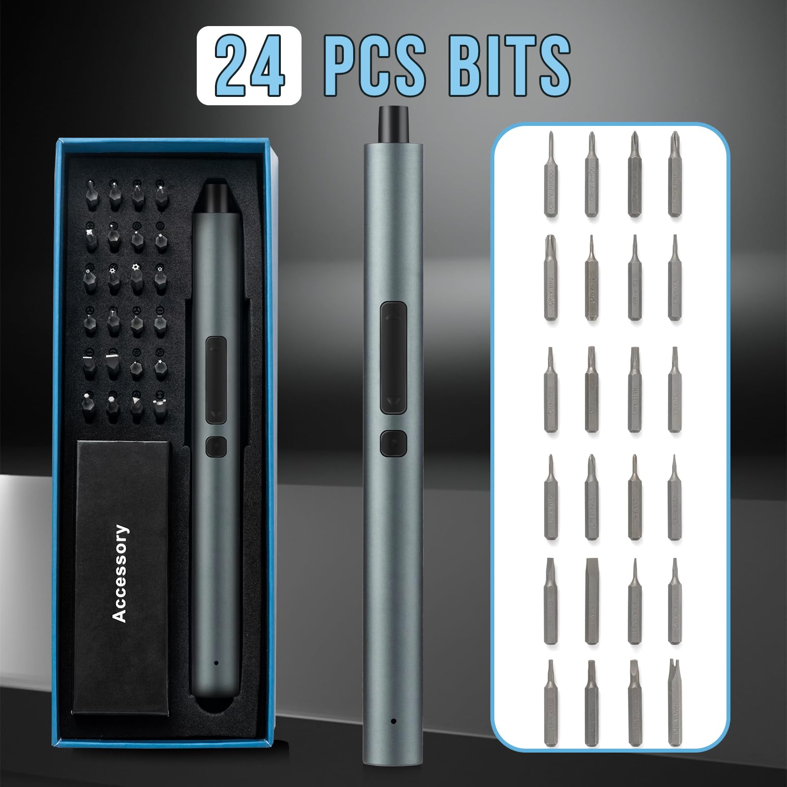 3.7V Mini Electric Screwdriver, 24 IN 1 Cordless LED Light Mini Screwdriver Set with 24 S2 Magnetic Bits, 2 Torque Settings, Precision Screwdriver Set Tool Set for Phone|PC|RC|Watch