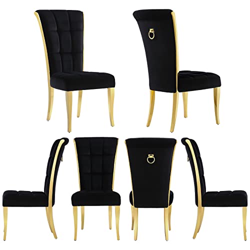 ACEDĆCOR Dining Chairs,Upholstered High end Velvet Dining Room Chair with Metal Back Ring Pull Trim Golden Legs, Modern Elegant Dining Chair for Living Room, Meeting Room, Kitchen (Black, Set of 6)