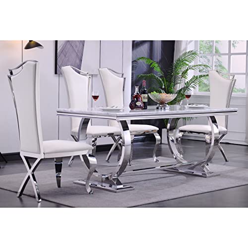 ACEDÉCOR Modern Dining Room Table with Silver Stainless Steel Metal U-Base in Grey Silver