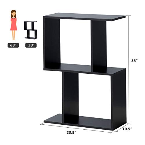 Giantex 2-Tier Bookshelf S Shaped Bookcase, Free Standing Industrial Storage Rack, Suit for Living Room Bedroom Office, Modern Small Bookcase, Black