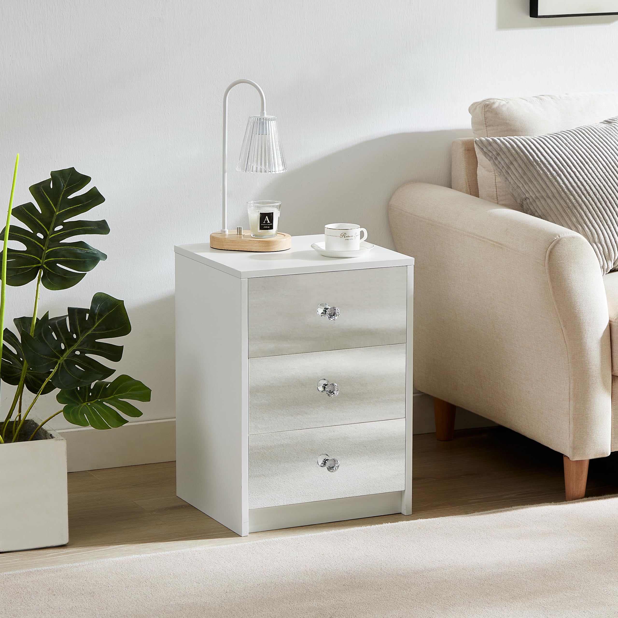 3 Drawer Nightstand for Bedroom, Modern Wood and Mirrored Nightstand, Square Bedside Glass End Table with Storage for Bedroom Room, Sofa, White