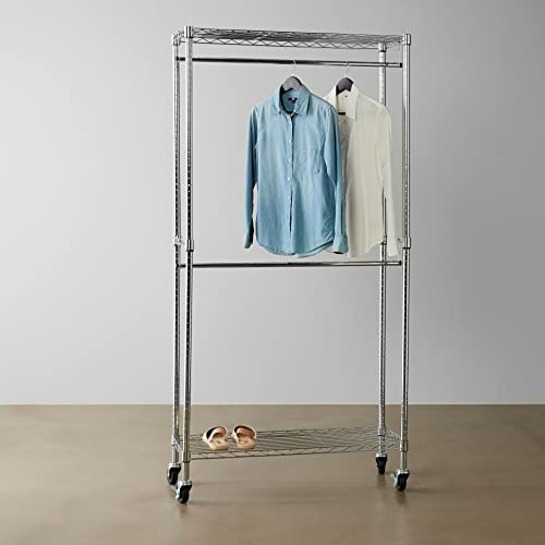 Amazon Basics Adjustable, Double Hanging Rod Garment Rolling Closet Organizer Rack - Chrome, 72 inches