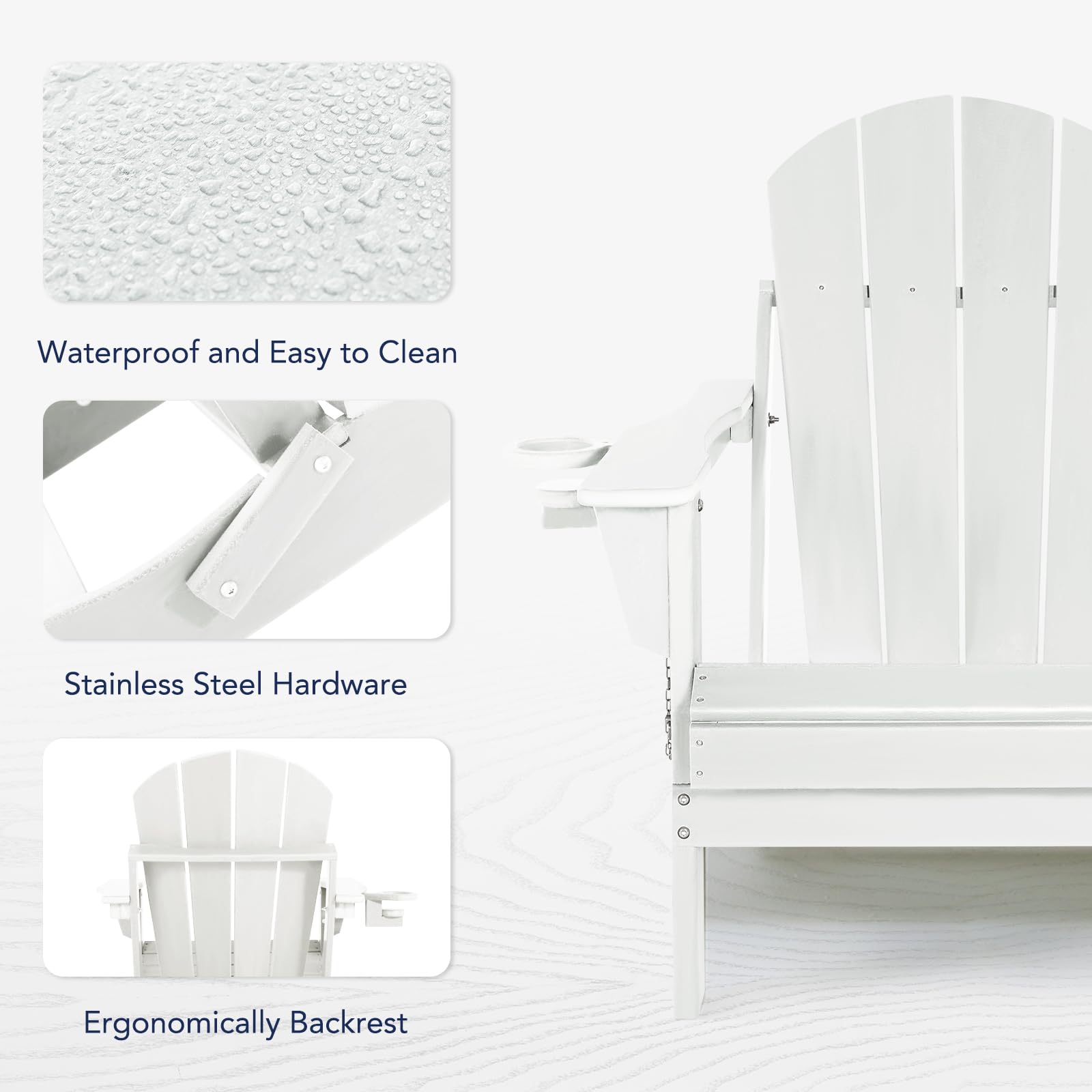 ABCPATIO Folding Adirondack Chair with Footrest - Outdoor Weather Resistant Plastic Adirondack Chairs with Detachable Ottoman, Stackable Seating with Cup Holder for Patio (Seat Width 21.6",White)