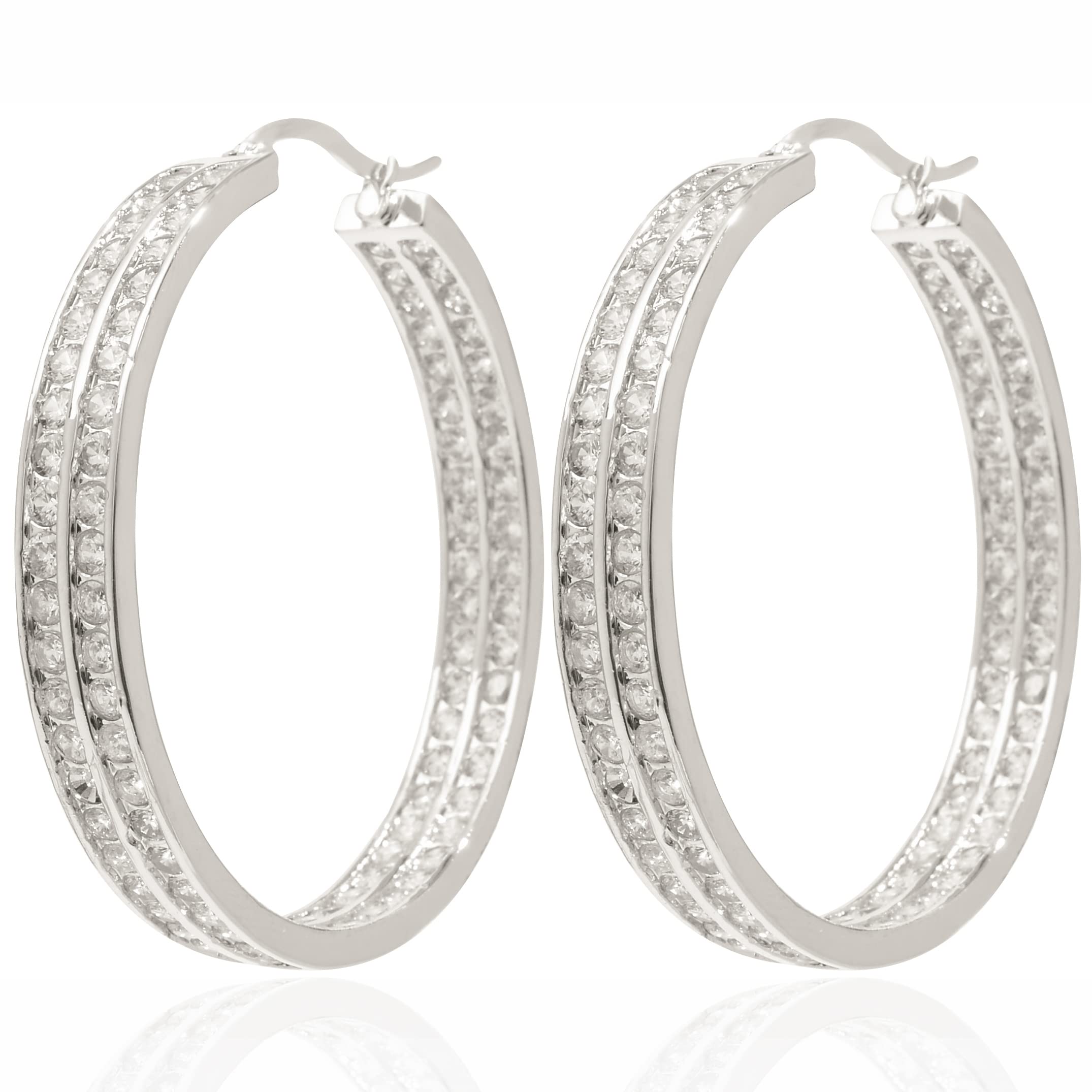 18K White Gold plated Inside-Out Hoop Earrings with Clear CZ 45mm