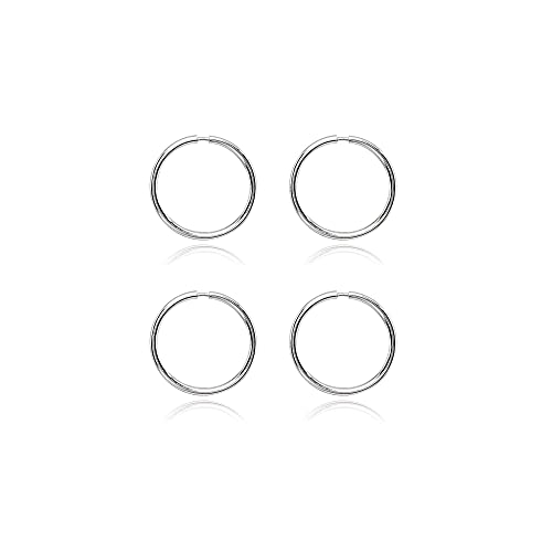 2 Pairs of 14K White Gold Tiny Small Endless 10mm Thin Cartilage Hoop Earrings for Men Women