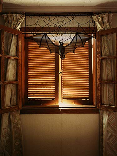 ANPHSIN Halloween Black Lace Spiderweb- 2 Pcs Bat Curtain Window Valance Cobweb Tablecloth Shower Curtains Fireplace Mantles Scarf Cover for Home Door Kitchen Bathroom Festive Party Decorations