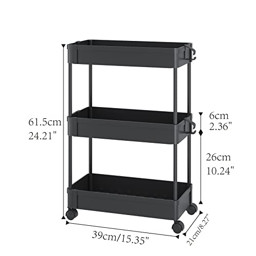 Boeeoan 3 Tier Rolling Utility Storage Cart, Mobile Shelving Organizer with Hooks for Kitchen Bathroom Laundry Room Living Room, Black