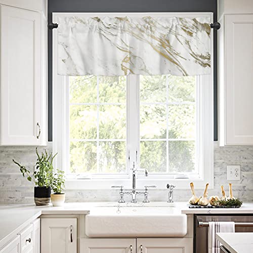 Amaze-Home Curtain Valances for Windows, White Gold Marble Window Valances, Wild Symbol Window Treatment Rod Pocket Valance Curtains for Kitchen/Bedroom/Bathroom 60x18 inch, 1 Panel