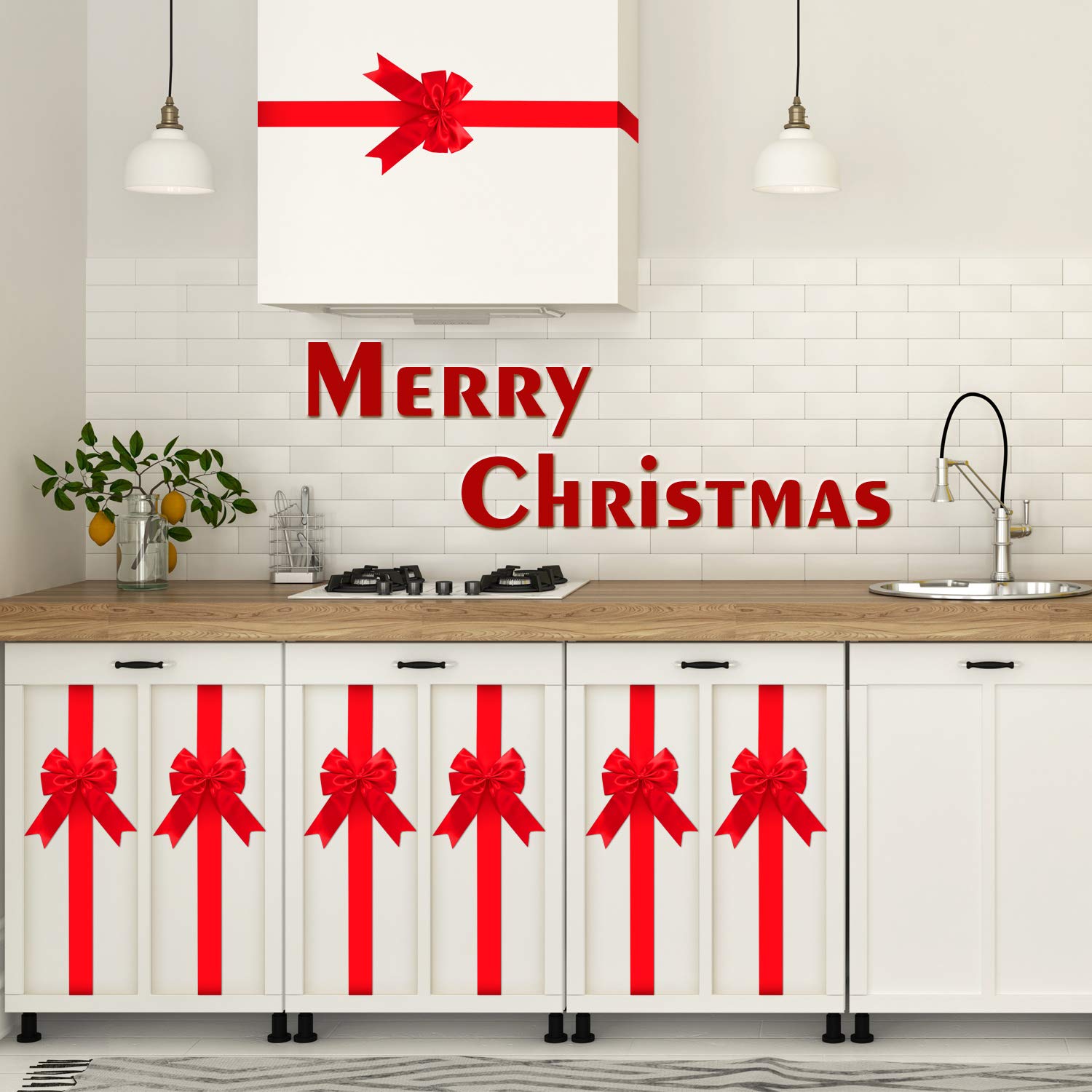 8 Pieces Christmas Cabinet Ribbons Bows Decorations Large Red Kitchen Cabinet Door Ribbons and Bows for Christmas Party Supplies
