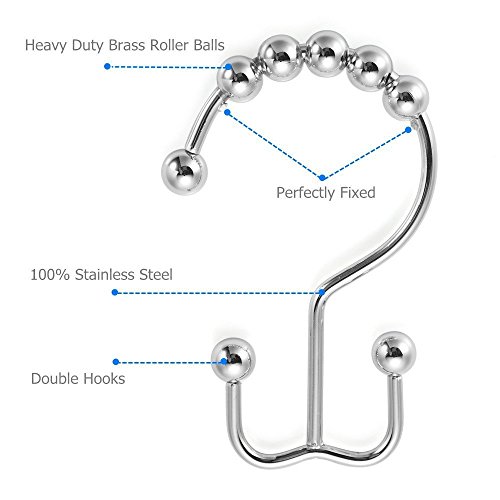 Amazer Shower Curtain Hooks Rings, Rust-Resistant Stainless Steel Double Shower Curtain Hooks, Shower Hooks for Shower Curtain and Liner Bathroom, Set of 12, Chrome
