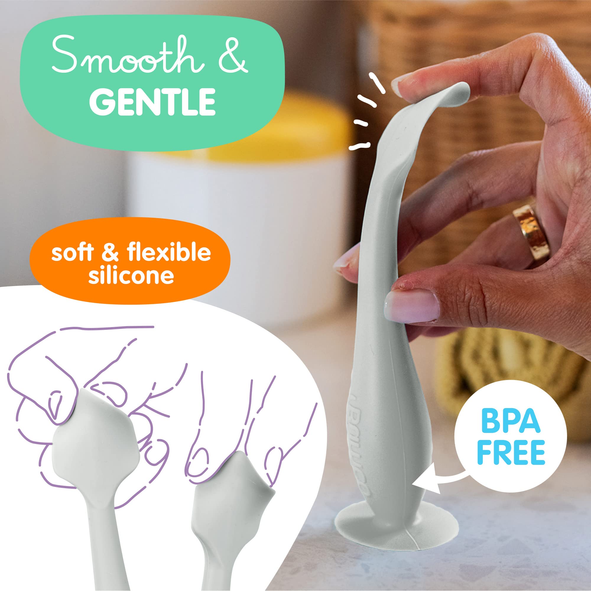 Bumco Baby Bum Brush - BPA-Free Diaper Cream Spatula with Suction Cup Base, Soft & Flexible Silicone, Wipe-Clean, Mom-Invented Diaper Bag Essentials (Gray)