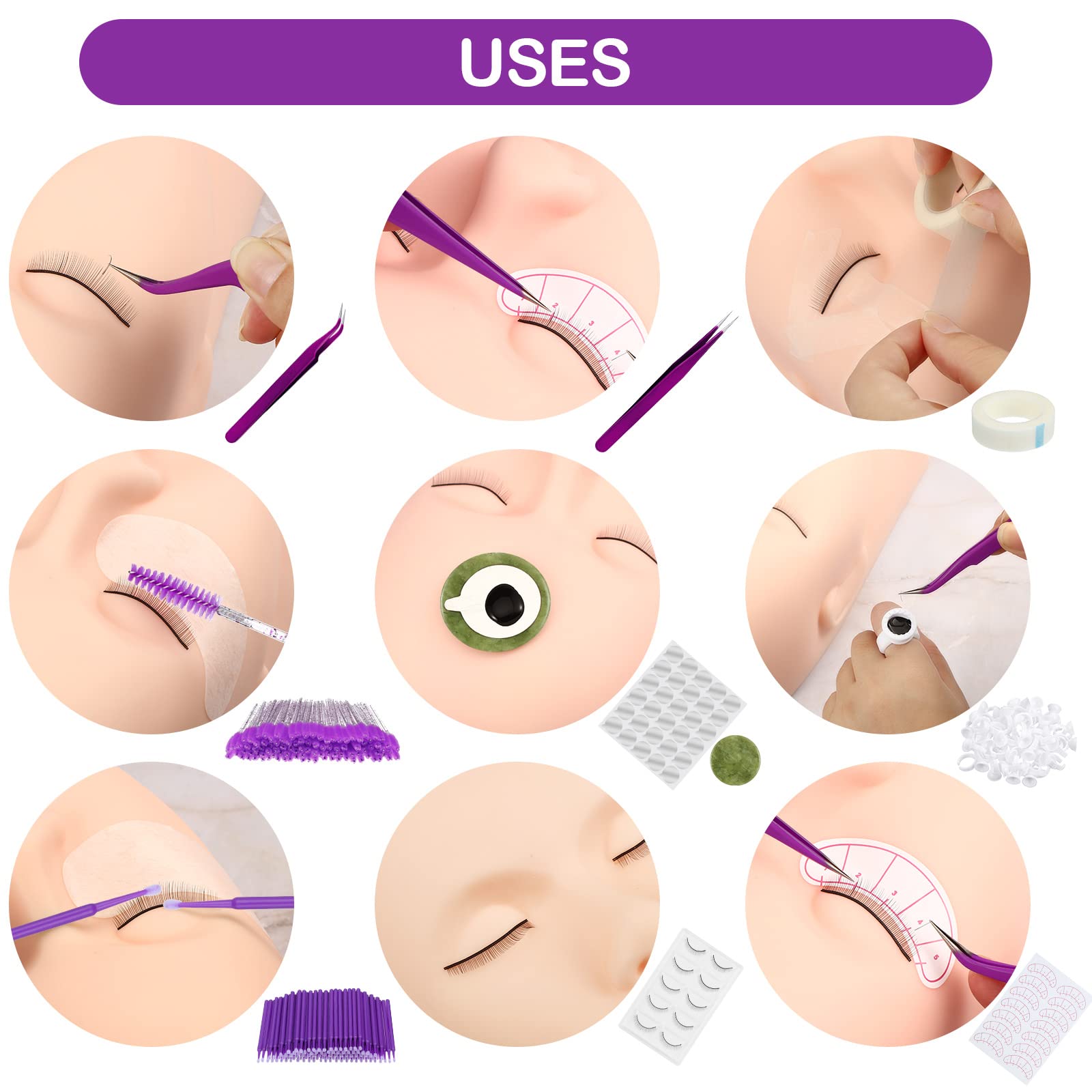 261 Pcs Eyelash Practice Kit Lash Kit for Eyelash Extension USB Air Conditioning Blower False Eyelash Mannequin Head Eye Lash Extension Kit Permanet for Beginner Makeup Training (Purple)