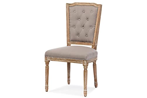 Baxton Studio Estelle Shabby Chic Rustic French Country Cottage Weathered Oak Linen Button Tufted Upholstered Dining Chair, Medium, Beige