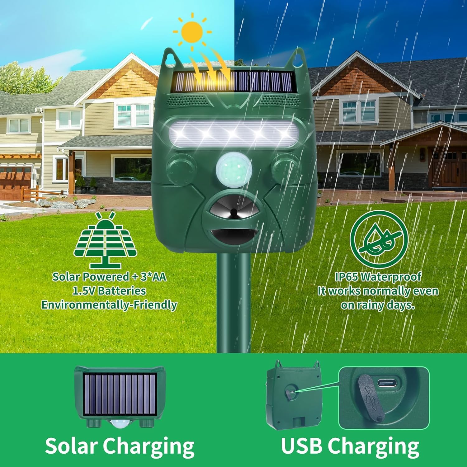 2 Pcs Solar Ultrasonic Animal Repellent, 2024 Deer Repellent Devices with Motion Sensor Flash Light to Scare Away Cat Squirrel Skunk Deer Raccoon Rabbit, Cat Deterrent Outdoor Dog Repellent for Yard