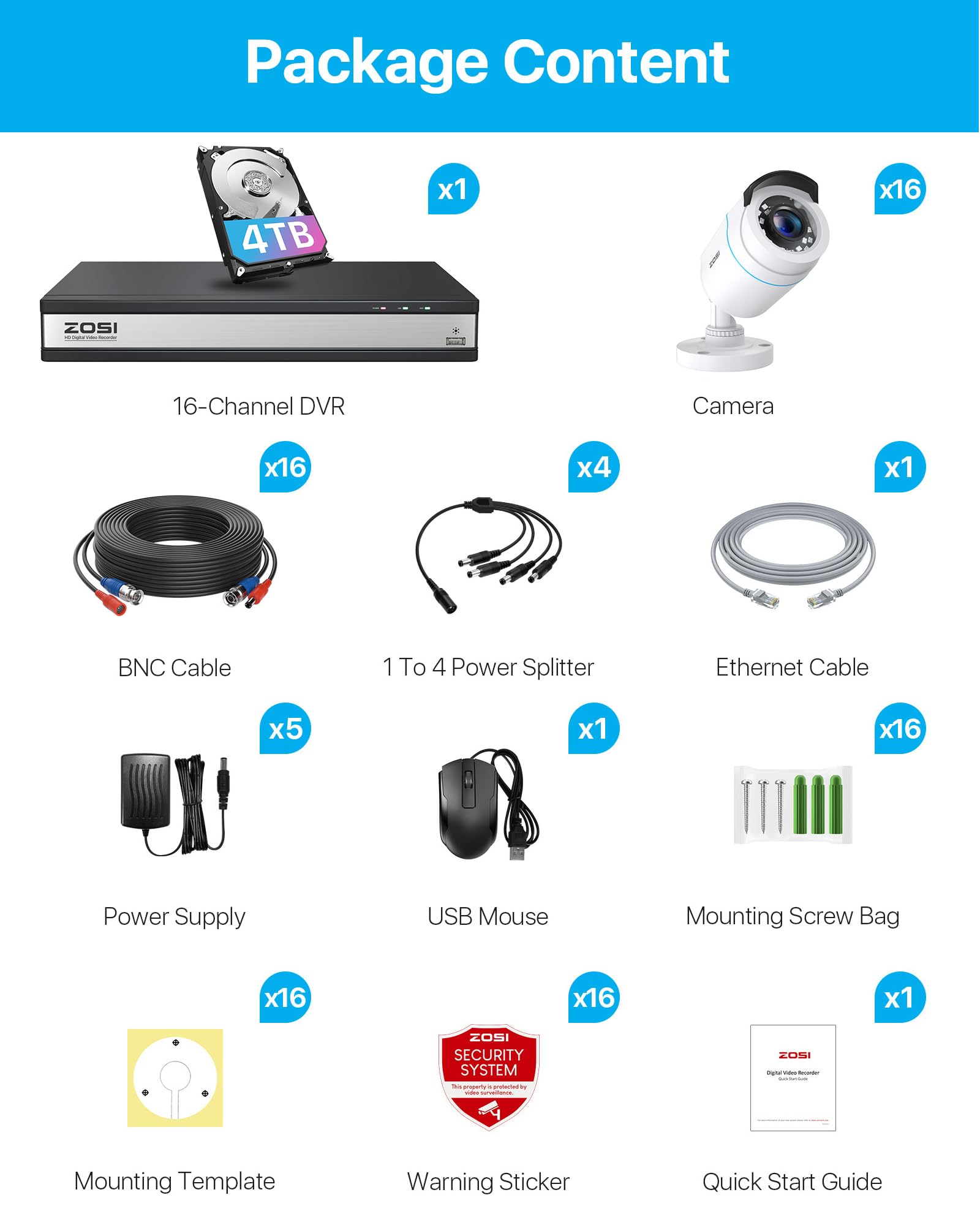 ZOSI H.265+ 16CH Security Camera System with AI Human Vehicle Detection, 16CH DVR with 4TB HDD for 7/24 record, 16 x 1080p CCTV Camera Outdoor Indoor with 80ft Night Vision°Wide Angle, 90°Wide Angle
