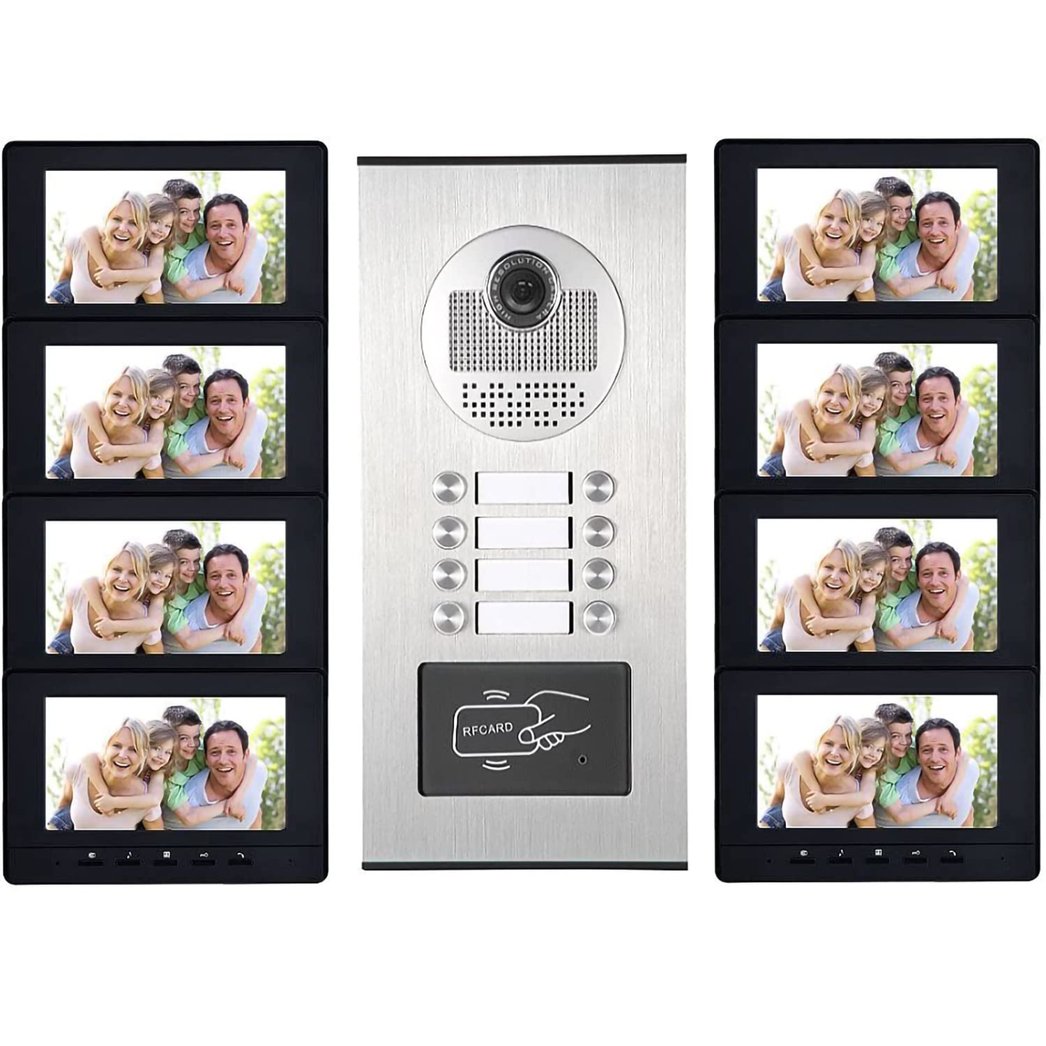 AMOCAM 8 Units Apartment Intercom System, Video Intercom Video Door Phone Kit, HD Camera 7" Monitor with ID keyfobs Unlock for 8 Household or Office