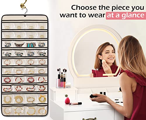MISSLO Dual-sided Hanging Jewelry Organizer with 40 Pockets and 20 Hook & Loops Closet Necklace Holder for Earring Bracelet Ring Chain with Rotating Hanger, Beige
