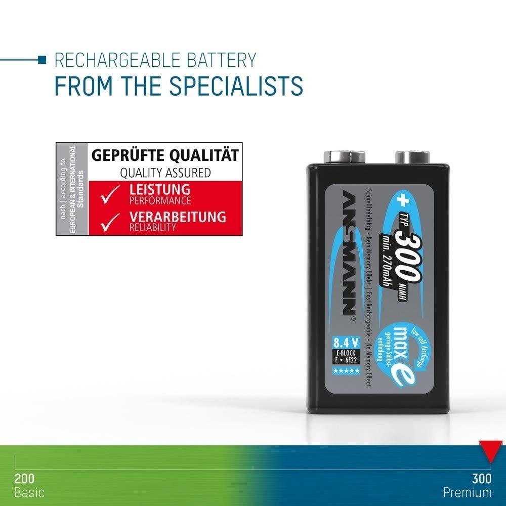 Ansmann Rechargeable 9V Battery 300mAh pre-Charged Low Self Discharge 9Volt NiMH Rechargeable Battery (6-Pack) + Batterybox for 9V