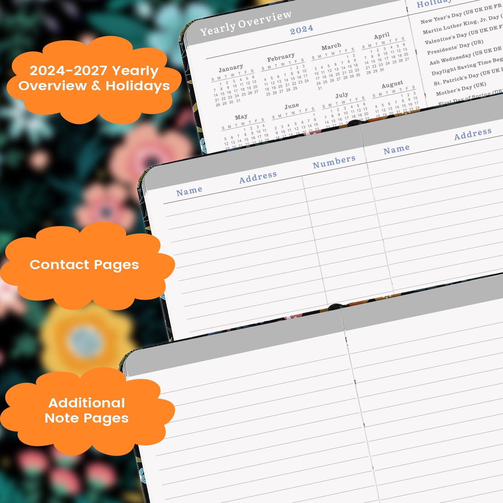 2024-2026 Pocket Calendar - Monthly Pocket Planner with Pen Hold, January 2024 - December 2026, 6.6" x 3.7", Inner Pocket and 63 Notes Pages - Mint Flower