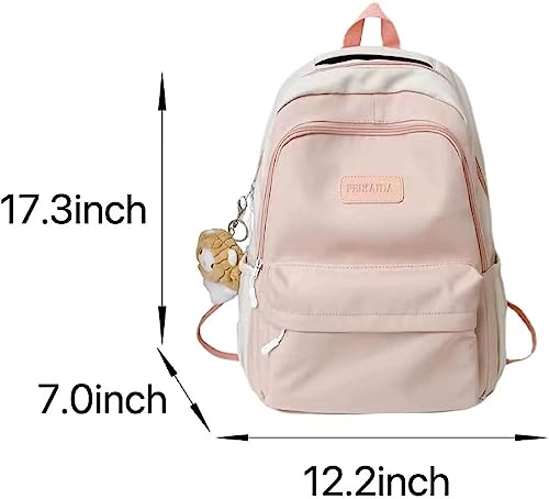 Aesthetic Backpack Cute Kawaii Backpack with Pendant 15.6 Inch College Cute Bookbag Laptop Bag Preppy Backpack (Pink,One Size)